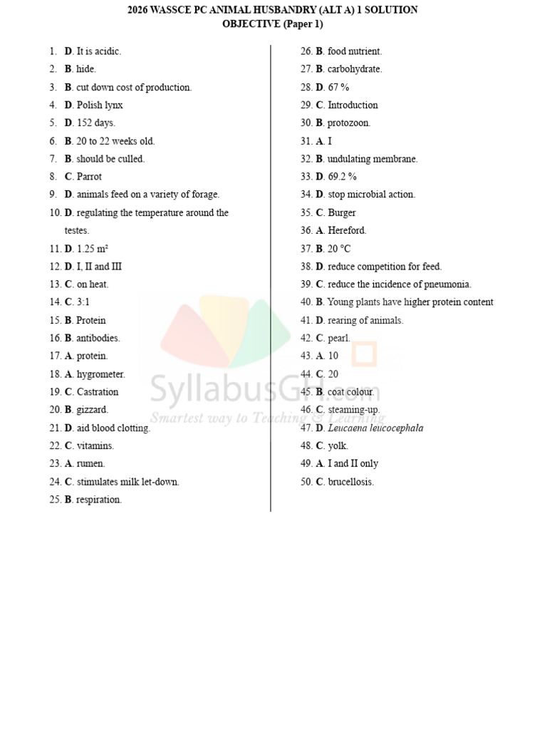 2026 Wassce PC Animal Husbandry (Alt A) 1 Solution | PDF