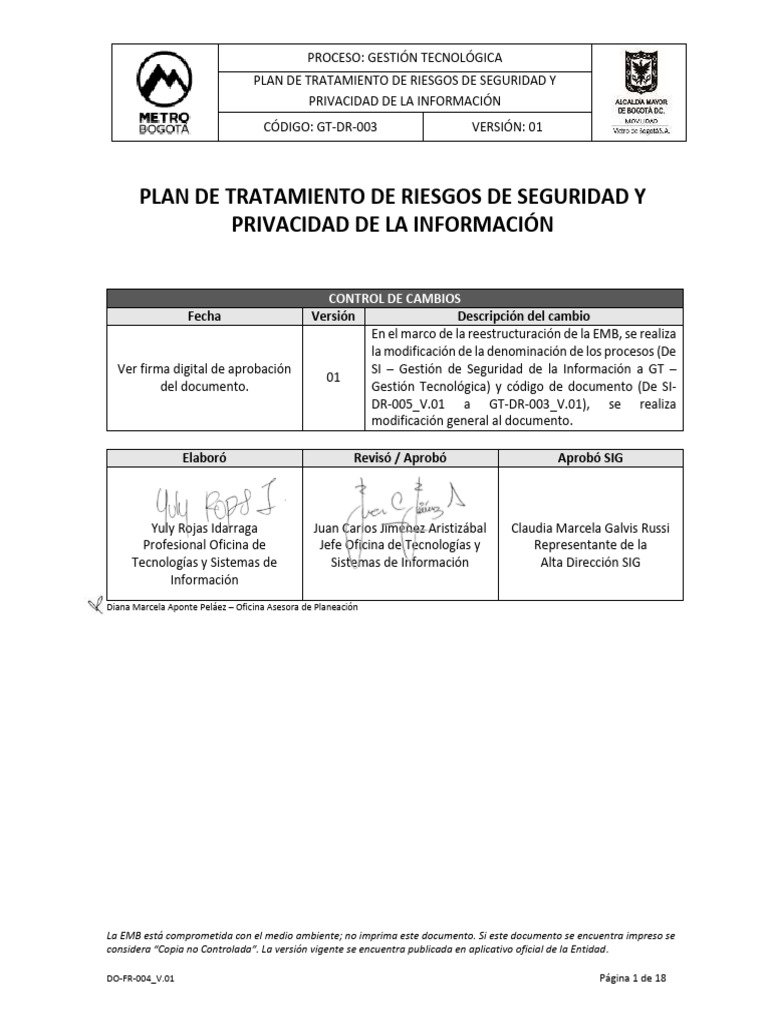 GT-DR-003-Plan-de-tratamiento-de-riesgos-de-seguridad-y-privacidad-de-la-informacion_V.01 | PDF ...