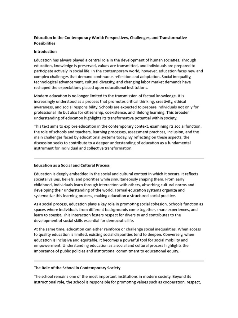 Education in The Contemporary World | PDF | Learning | Educational ...