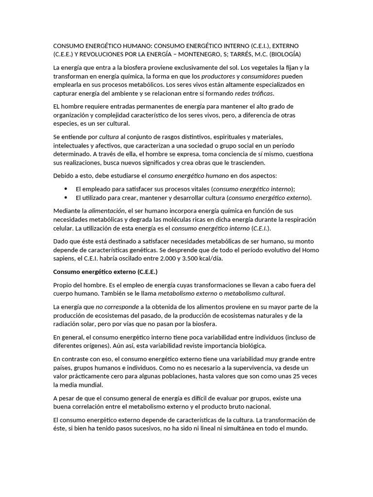 Consumo Energético Humano - Consumo Energético Interno, Externo y ...