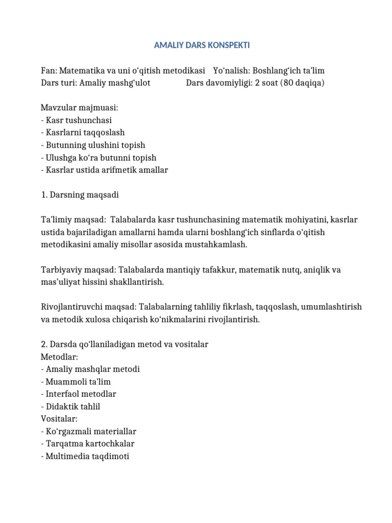 Amaliy Dars Konspekti Kasrlar | PDF