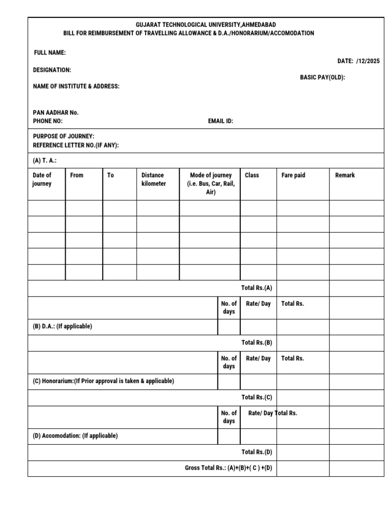 TA DA Bill Format_GTU | PDF | Fare | Transport
