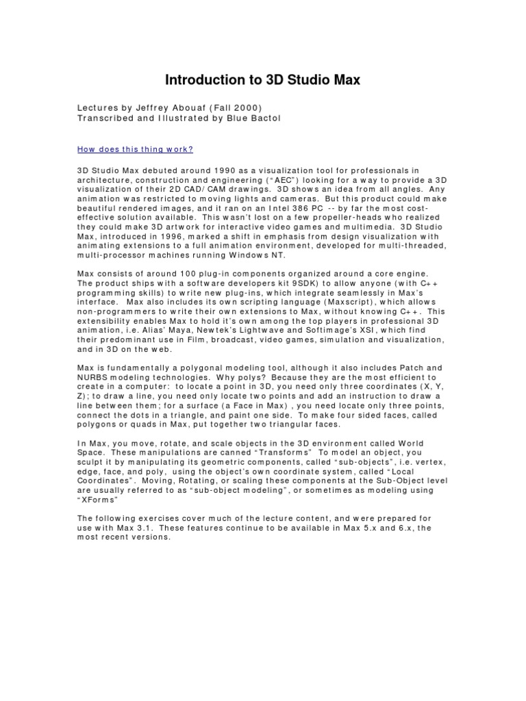 Introduction To 3D Studio Max: Lectures by Jeffrey Abouaf (Fall 2000) Transcribed and ...