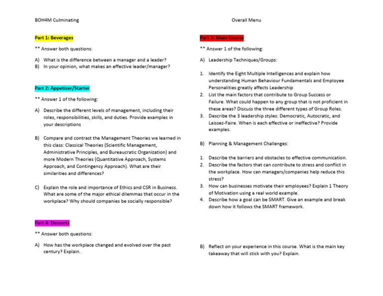 BOH4M Culminating Activity - Menu | PDF | Leadership | Motivational