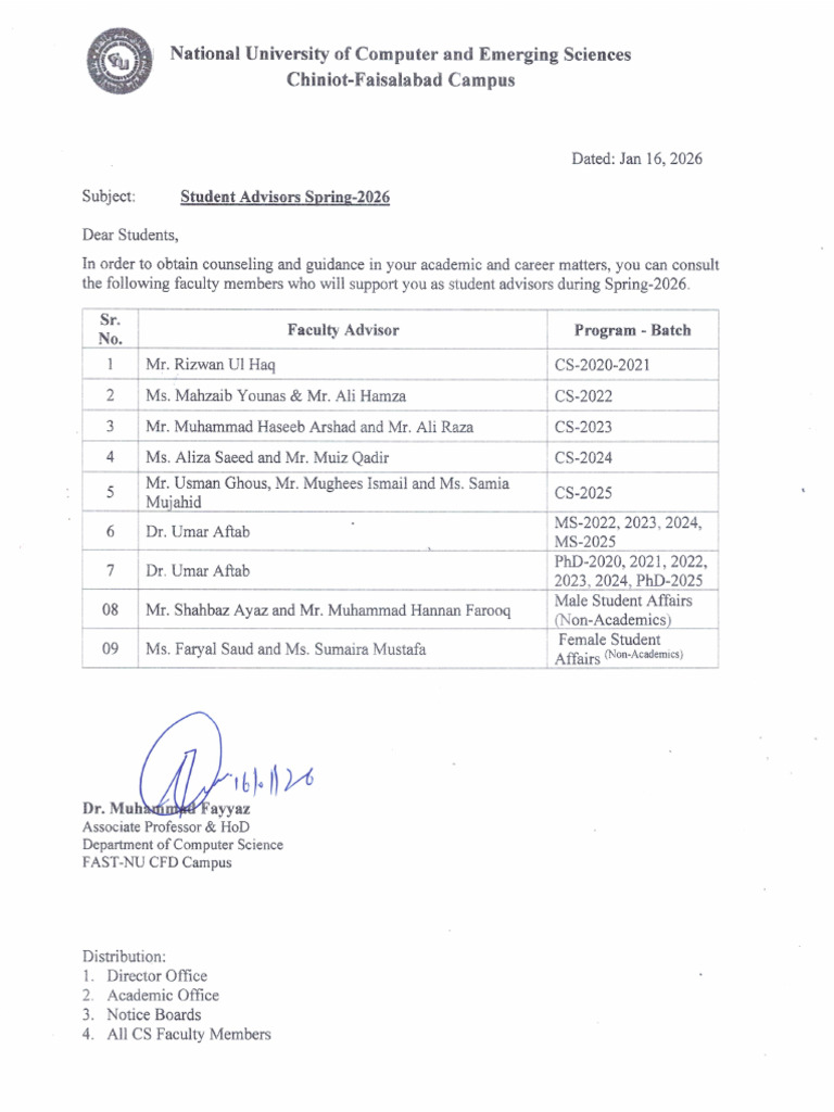 Student Batch Advisors - Spring-2026 | PDF