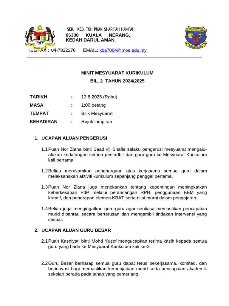 Minit Mesyuarat Unit Kurikulum Bil 2 2025 | PDF