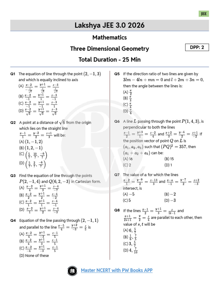 Three Dimensional Geometry DPP 02 (of Lec 03) | PDF | Space | Analytic Geometry