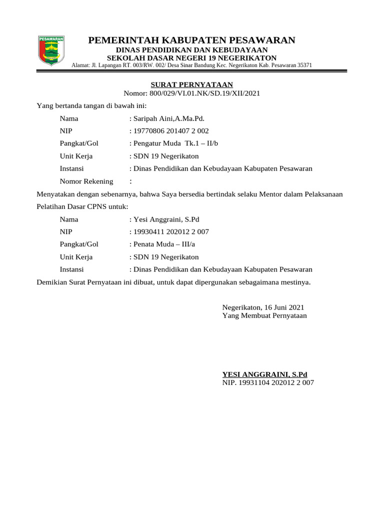 Surat Pernyataan Dan Surat Perintas Tugas Latsar | PDF