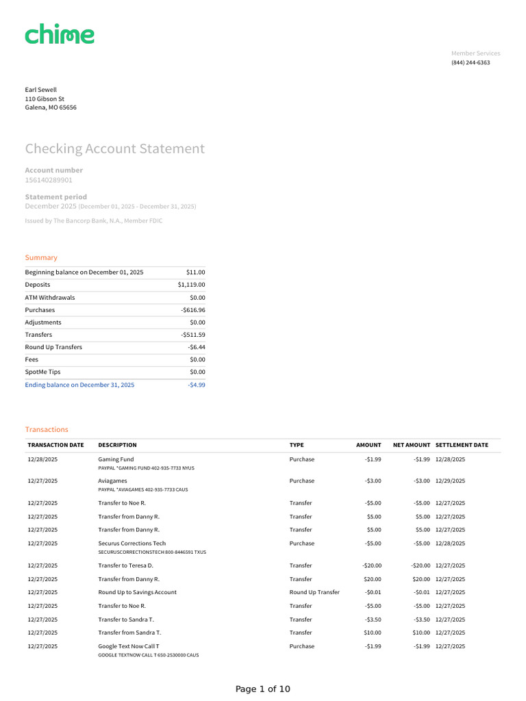 Chime Checking Statement December 2025 | PDF | Walmart | Financial Services