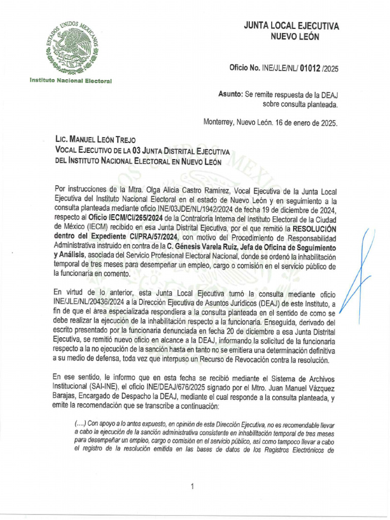 Oficio Ine Jle NL 01012 2025 | PDF