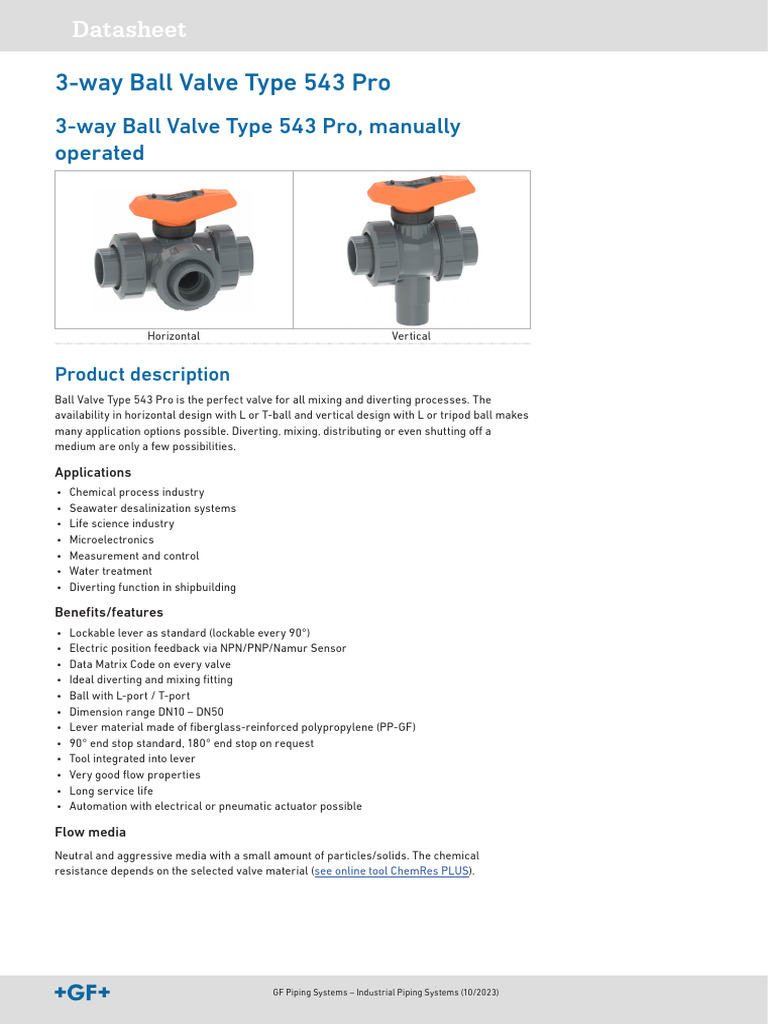 Gfps Datasheet 543 Pro Ball Valve en | PDF | Valve | Mechanical Engineering
