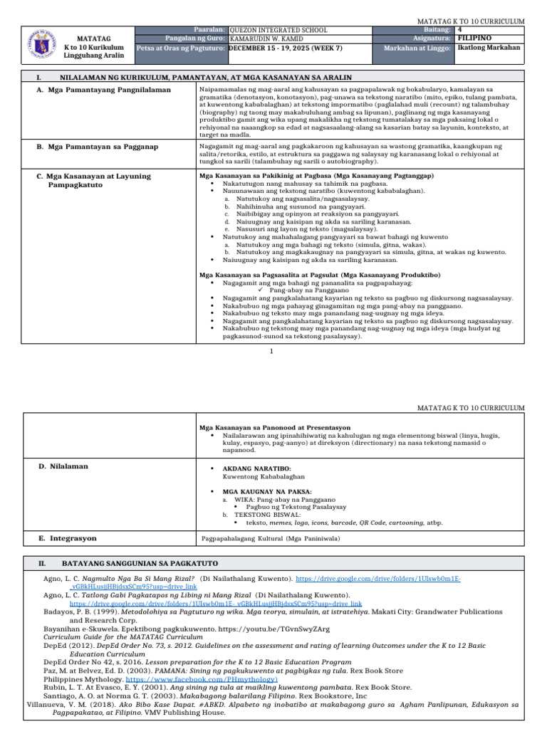 DLL Matatag - Filipino 4 Q3 W7 | PDF