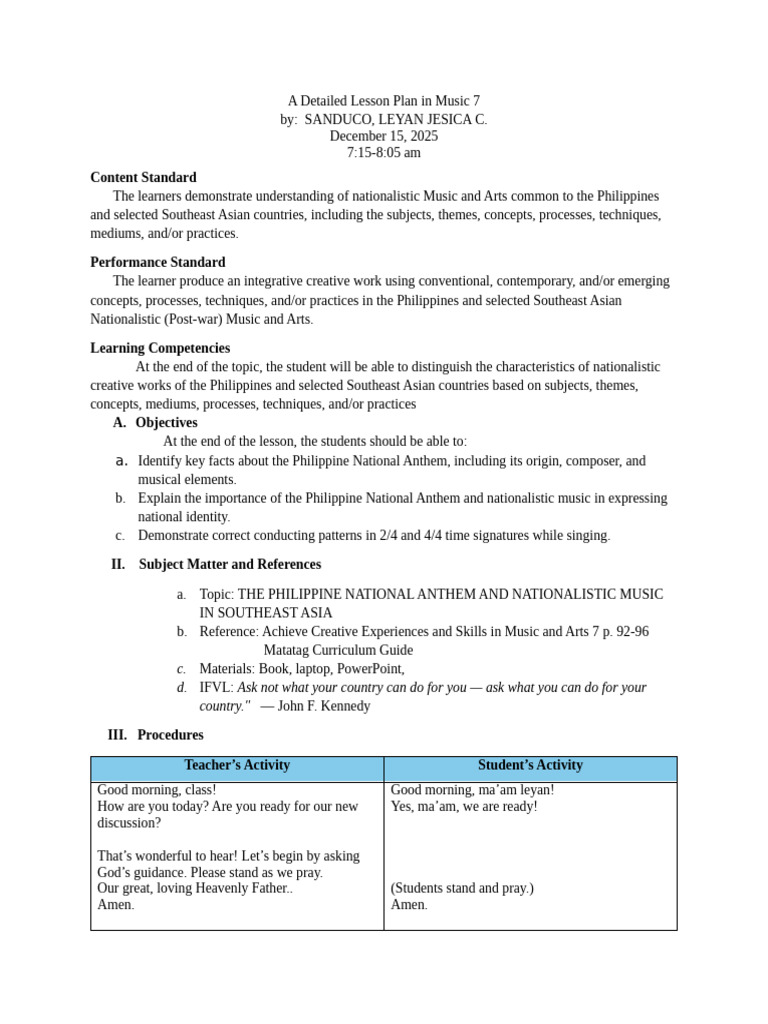 Lesson Plan in Music 7-1 | PDF
