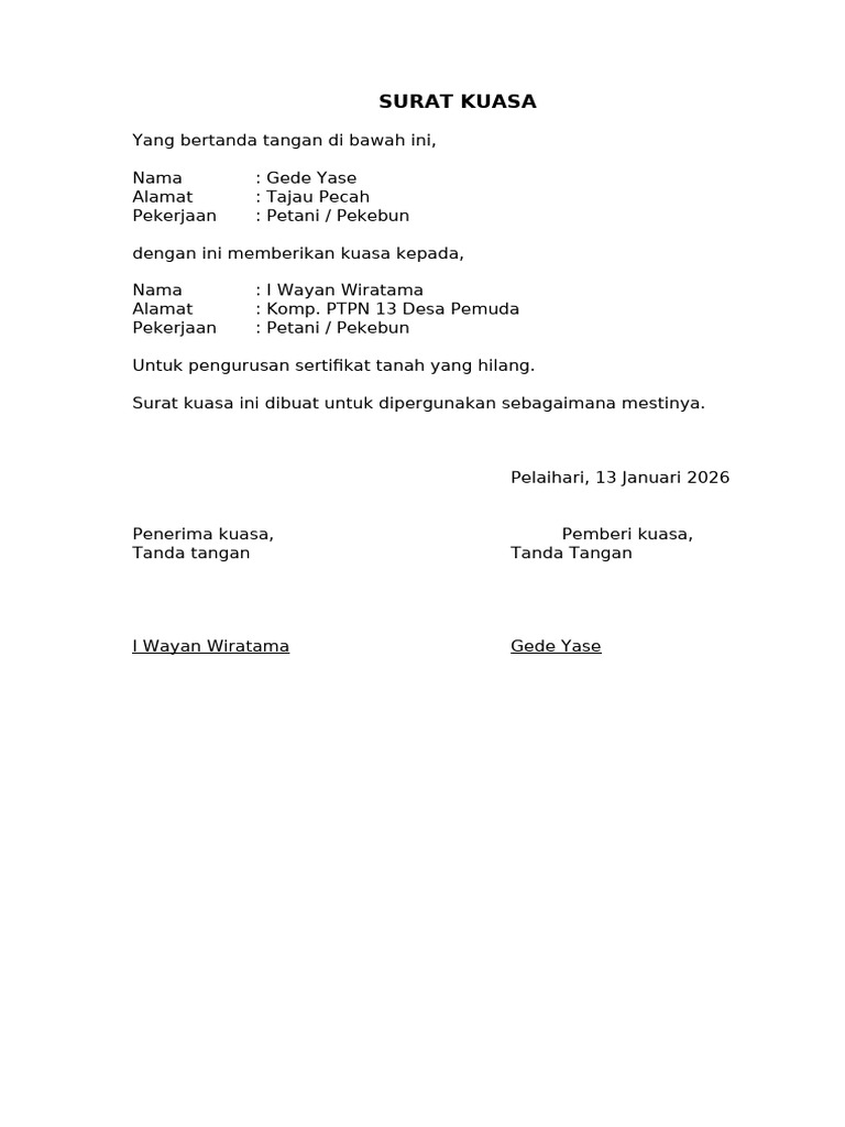 Surat Kuasa I Wayan Wiratama | PDF
