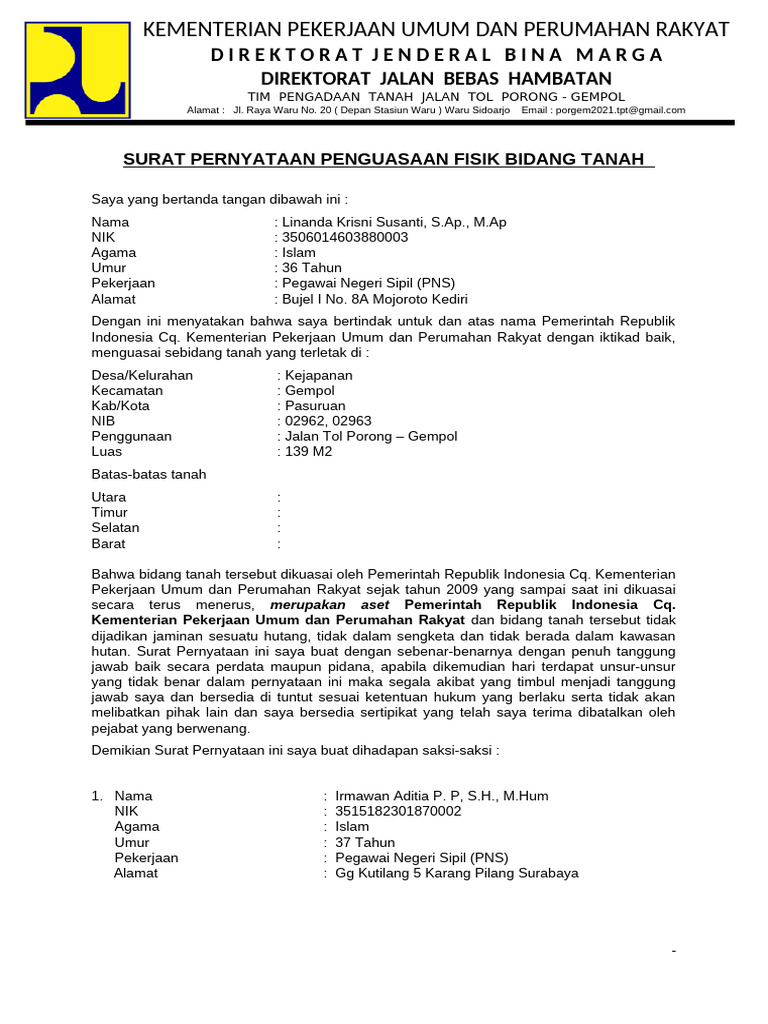 Surat Pernyataan Penguasaan Fisik UKUR PSR | PDF