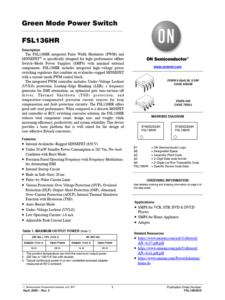 FSL136HR ONSemiconductor | PDF | Electric Power | Electrical Components