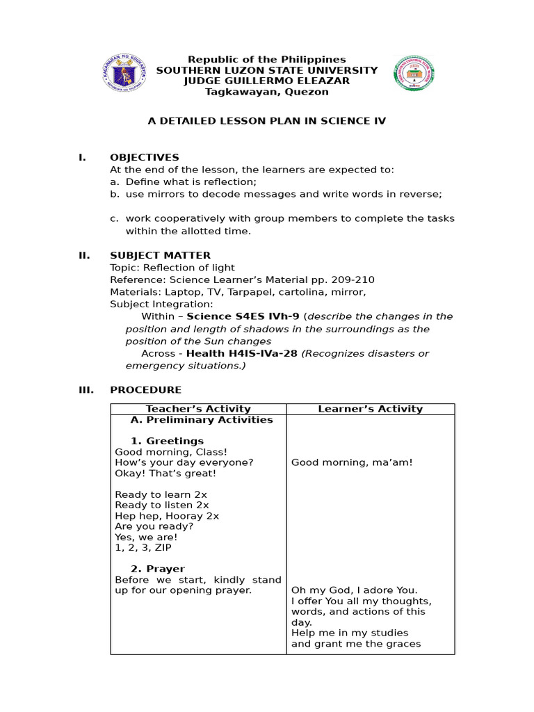 DLP IN SCIENCE IV REFLECTION | PDF | Reflection (Physics) | Light