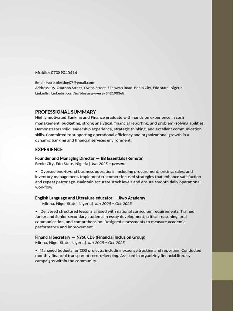 Blessing Iyere Cv 2 | PDF | Nigeria | Customer Relationship Management