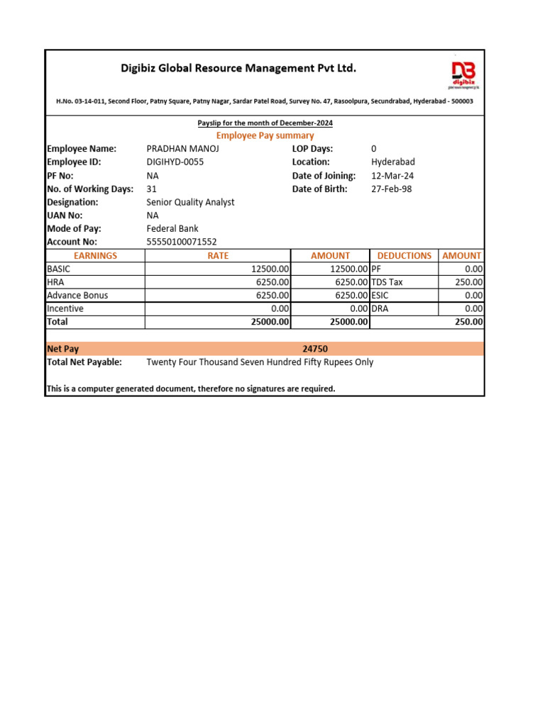 Payslip Month of December (1) | PDF