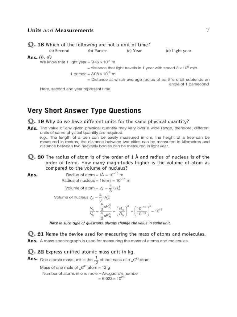 Units and Dimensions Very Short Answer | PDF | Mole (Unit) | Earth