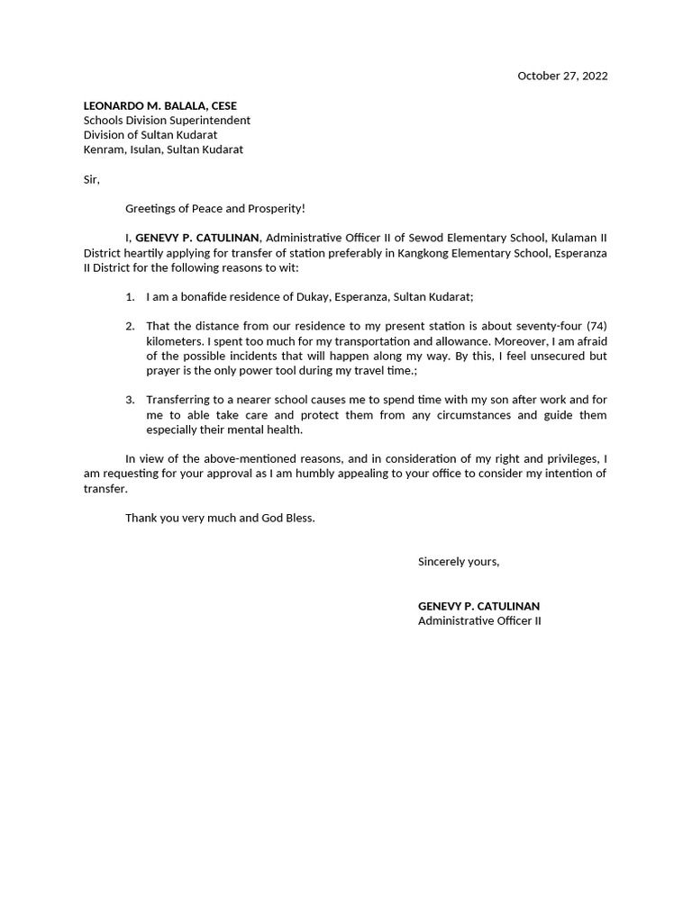 Letter of Intent to Transfer | PDF