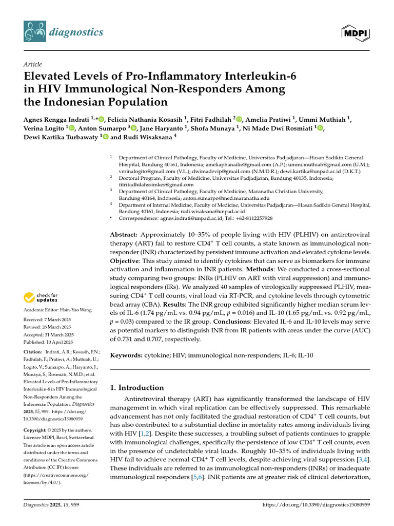 Elevated Levels of Pro-Inflammatory Interleukin-6 in HIV Immunological ...