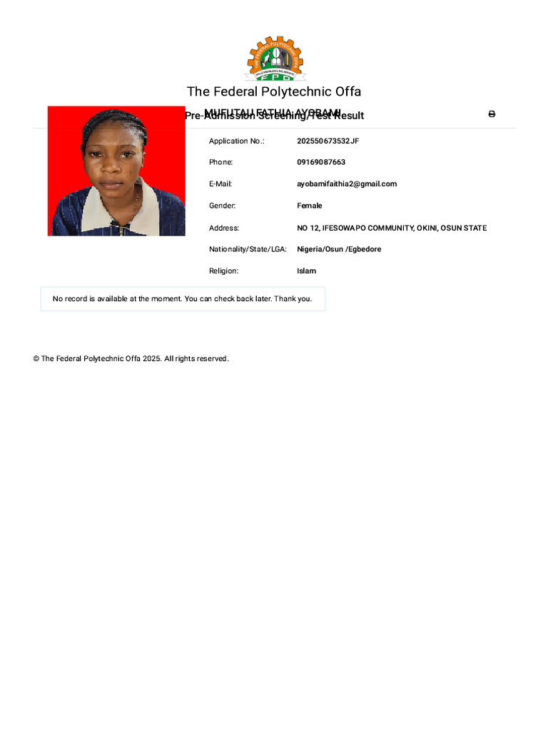 FEDPOFFA Portal _ Pre-Admission Screening_Test Result | PDF
