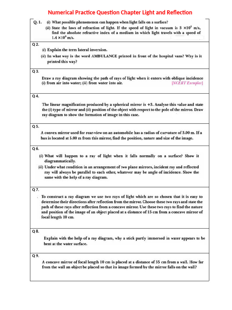 Science Practice Questions Class 10 Physics | PDF