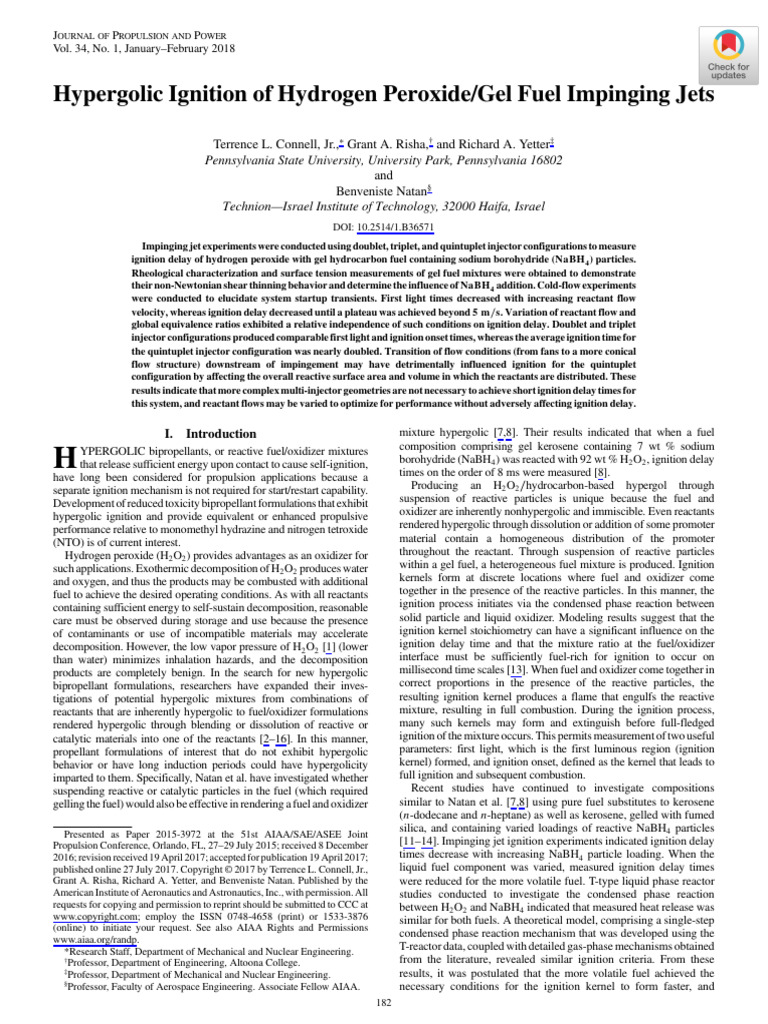 Hypergolic Ignition of Hydrogen Peroxide Gel Fuel Impinging Jets | PDF ...