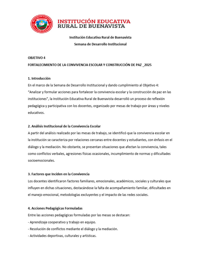 Objetivo 4_ Fortalecimiento de Convivencia y Paz | PDF | Pedagogía | Enseñando
