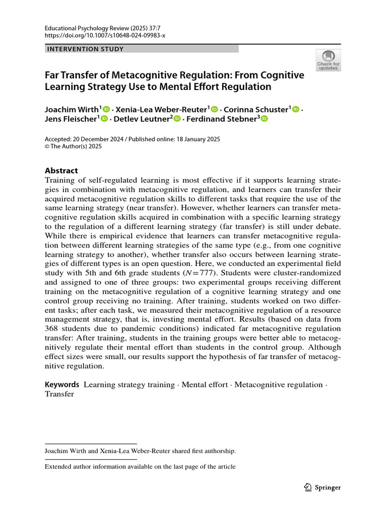 Far Transfer of Metacognitive Regulation | PDF | Metacognition | Learning