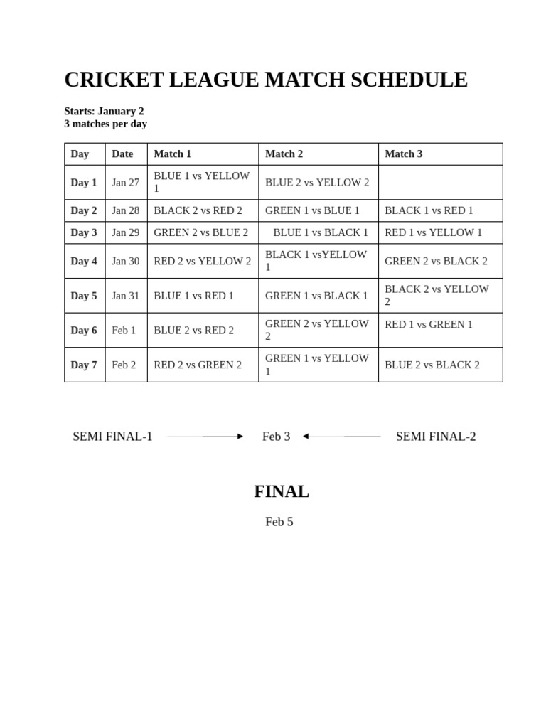 Cricket League Match Schedule-@-1 | PDF