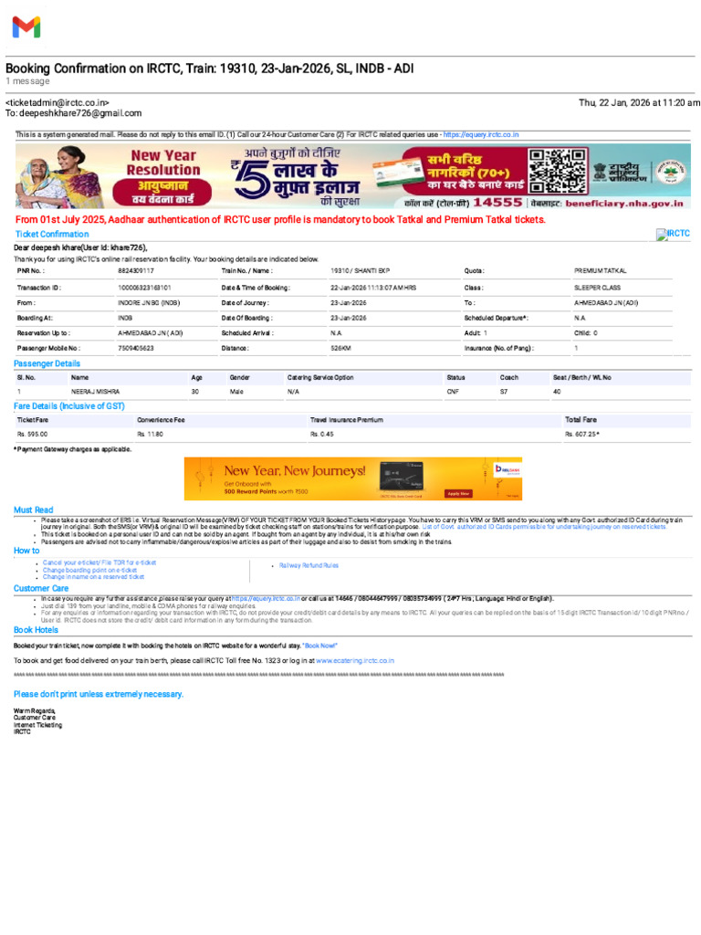Gmail - Booking Confirmation on IRCTC, Train_ 19310, 23-Jan-2026, SL ...