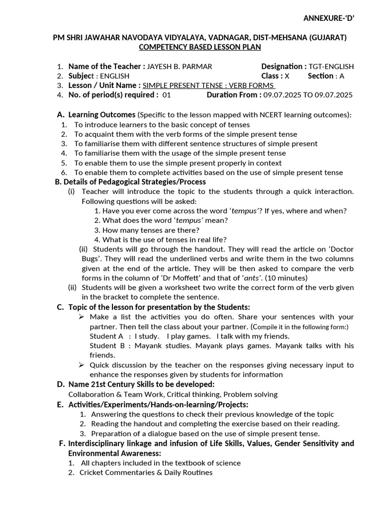 Lesson Plan - Simple Present Tense | PDF | Grammatical Tense | Multiple ...
