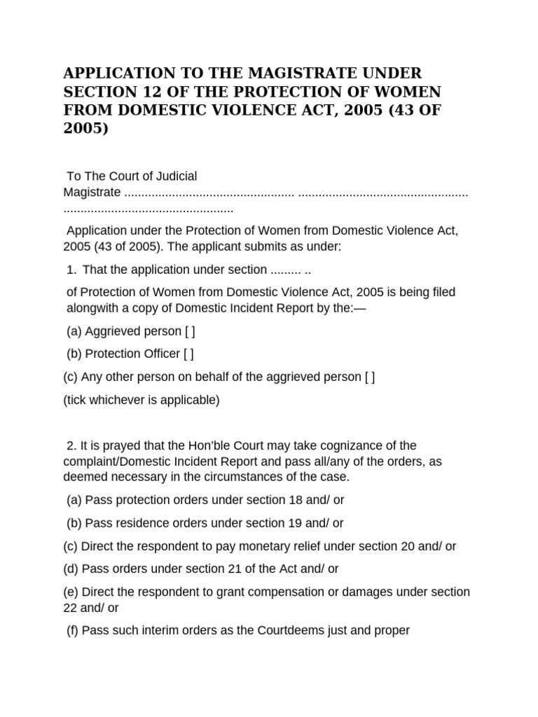 Application to the Magistrate Under Section 12 of the Protection of ...