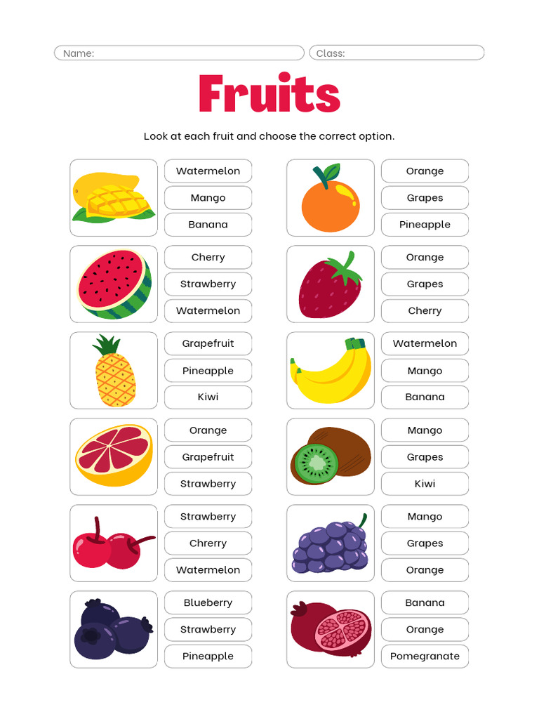 Colorful Illustrative Fruits Vocabulary Worksheet | PDF