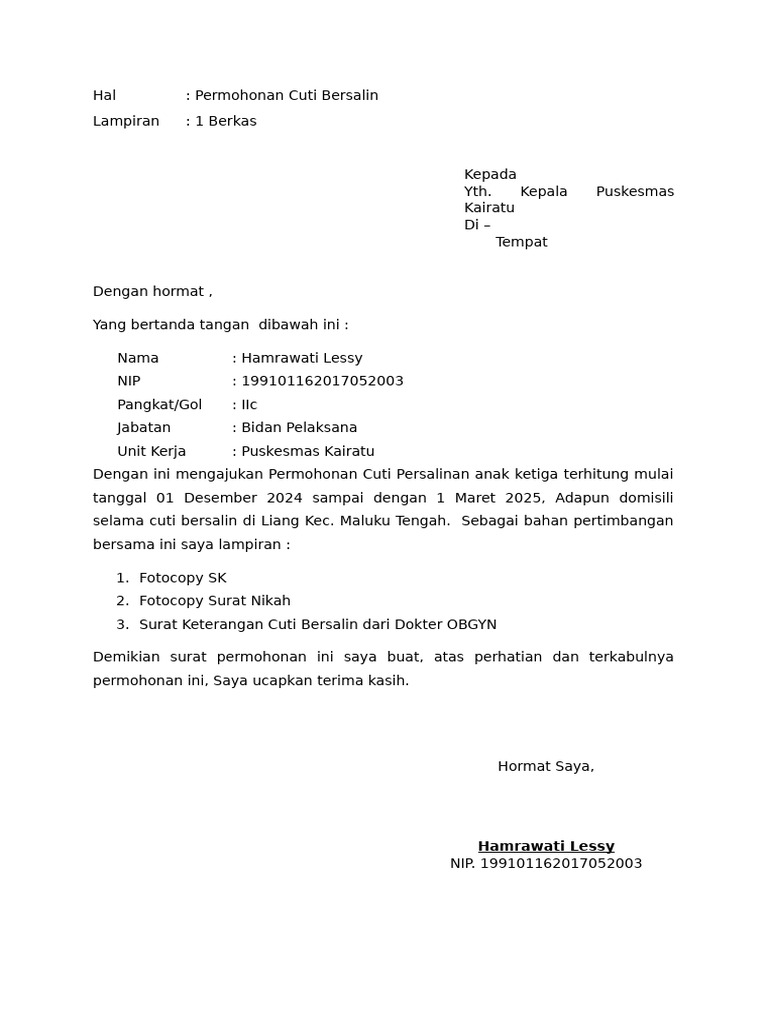 Surat Permohonan Cuti Bersalin PPPK | PDF