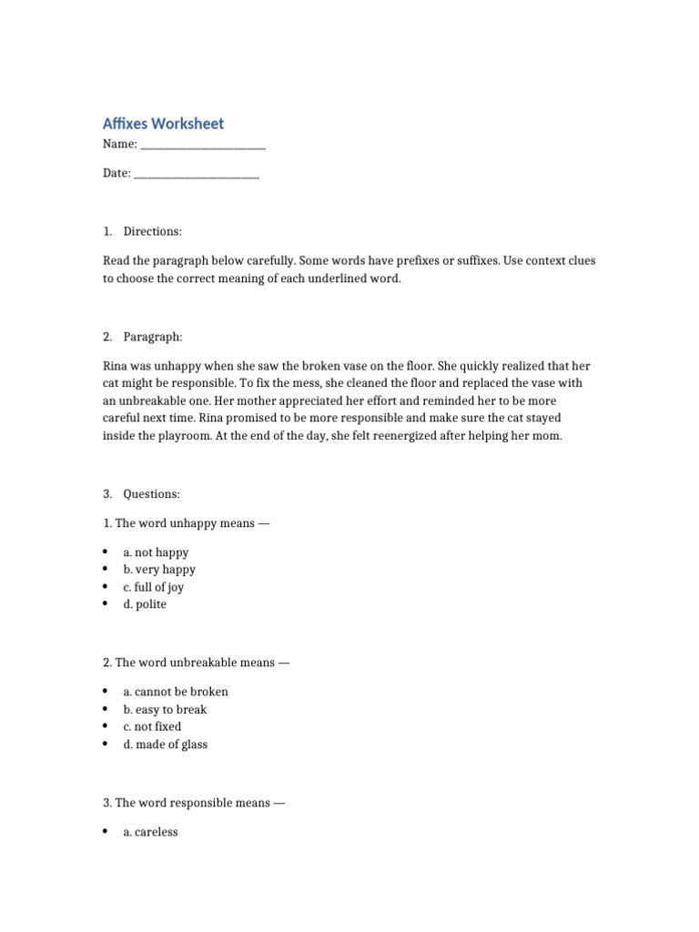 Affixes Worksheet | PDF