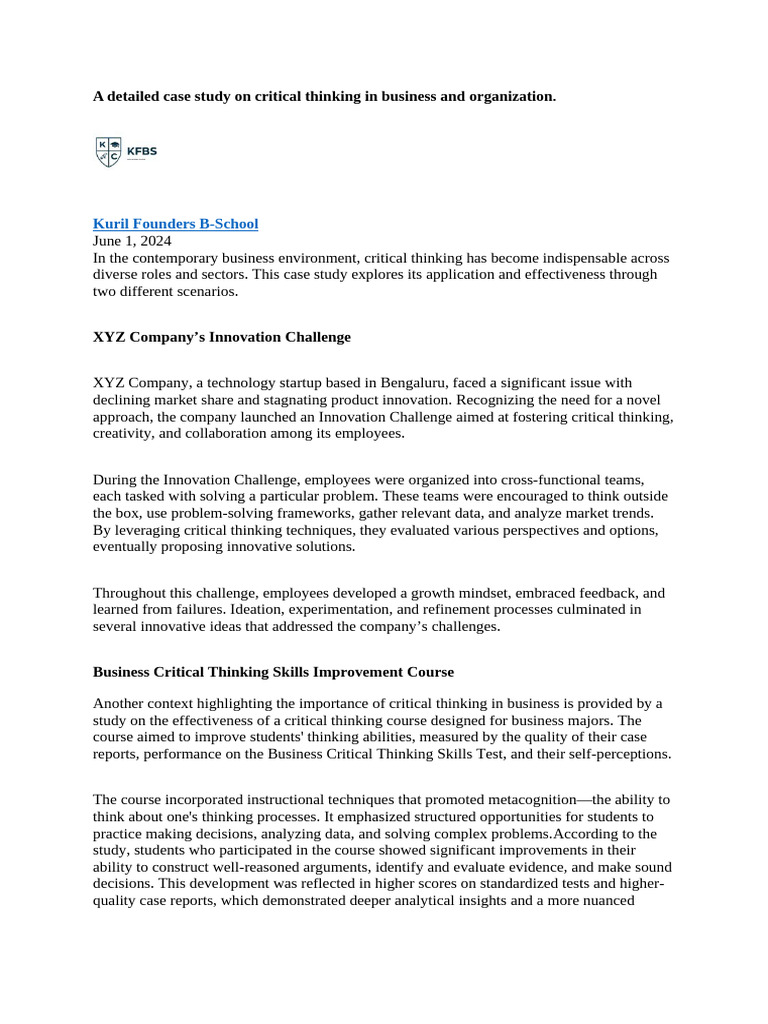 Case Study On Critical Thinking | PDF | Critical Thinking | Thought