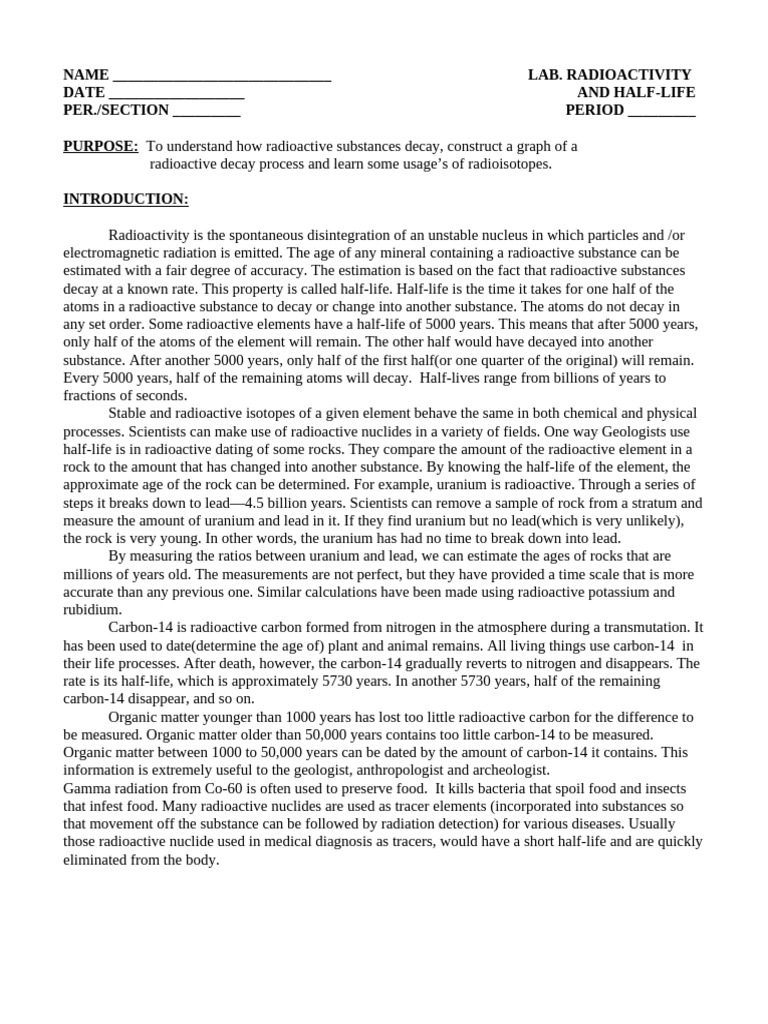 Honors Half Life Lab | PDF | Radioactive Decay | Radionuclide
