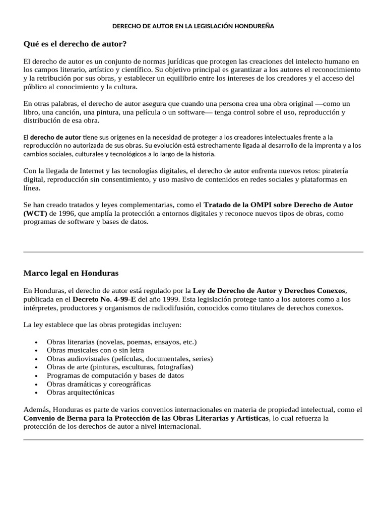 Ley Derecho de Autor en La Legislación Hondureña | PDF | Autor