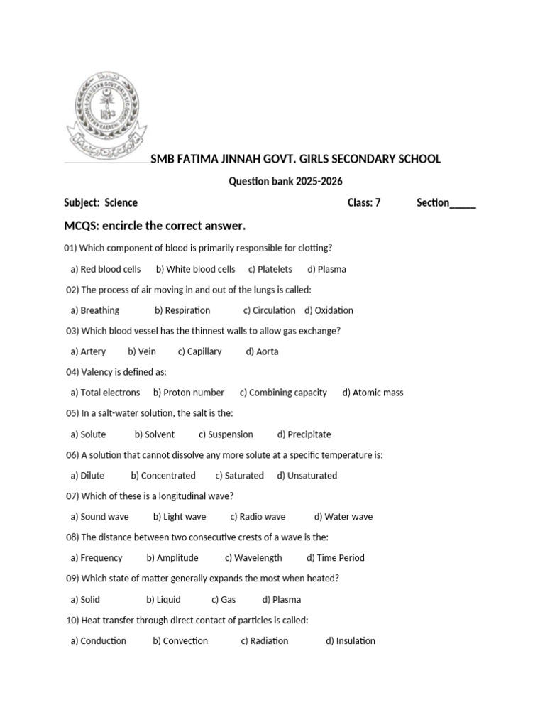 SMB Fatima Jinnah Govt Paper | PDF | Heat Transfer | Solubility
