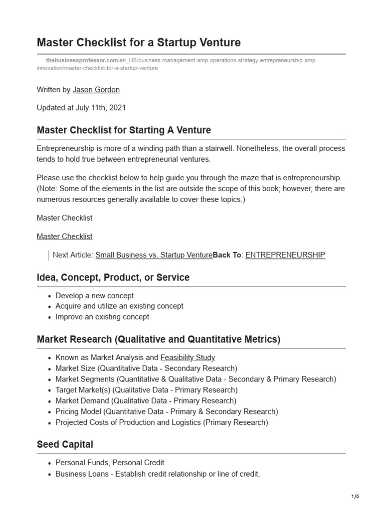 Business - Master Checklist For A Startup Venture | PDF | Business ...