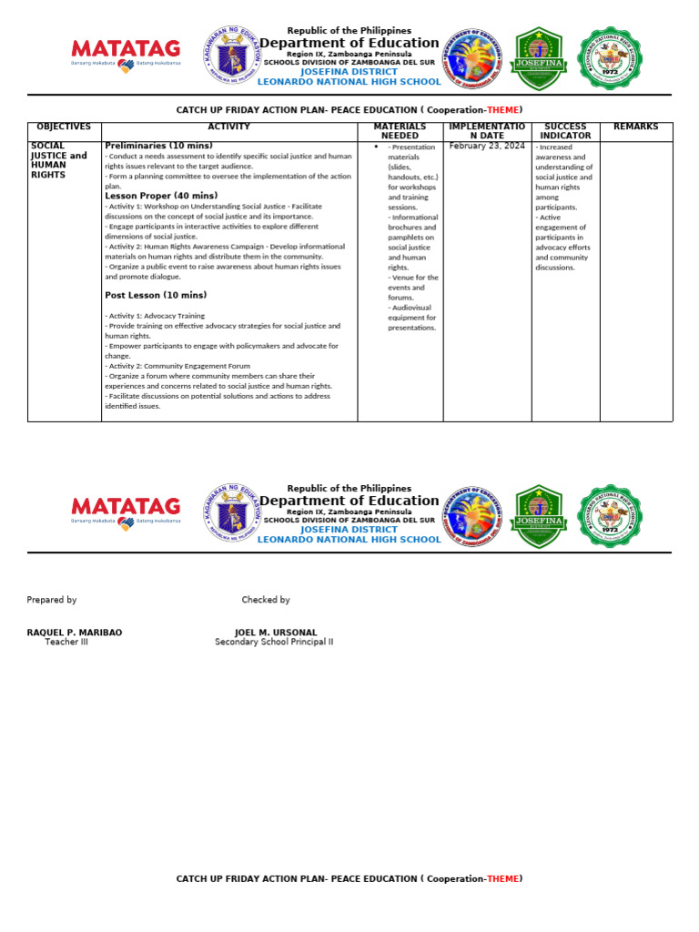 CATCH UP FRIDAY SAMPLE ACTION PLAN - Draft | PDF | Social Psychology