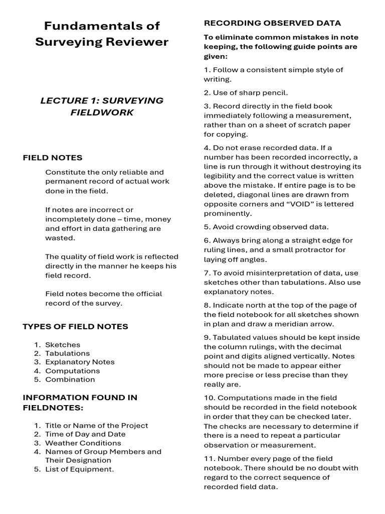 Fundamentals of Surveying Reviewer | PDF | Surveying | Topography