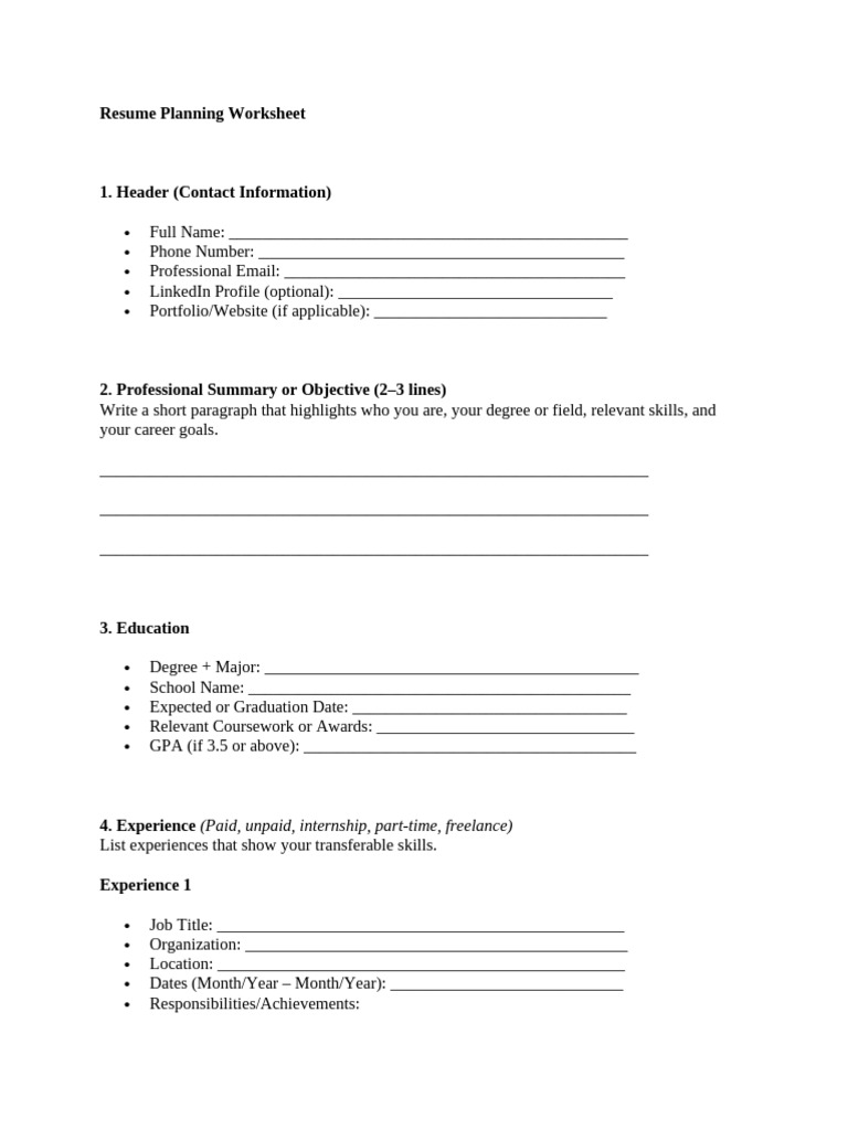 Resume Planning Worksheet | PDF | Résumé
