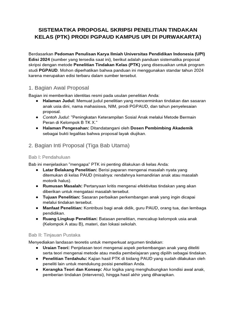 Pedoman Sistematika Proposal PTK PGPAUD UPI 2026 | PDF