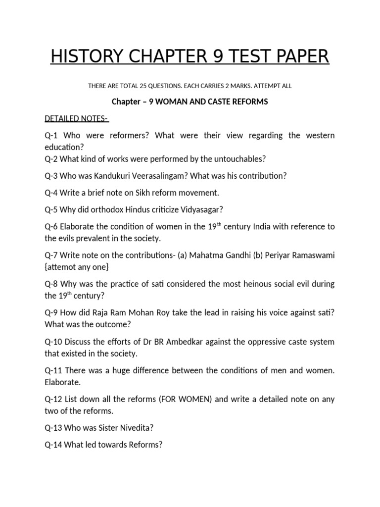 History Chapter 9 Test Paper | PDF