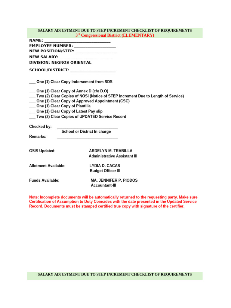 Salary Adjustment Due To Step Increment Checklist of Requirements ...