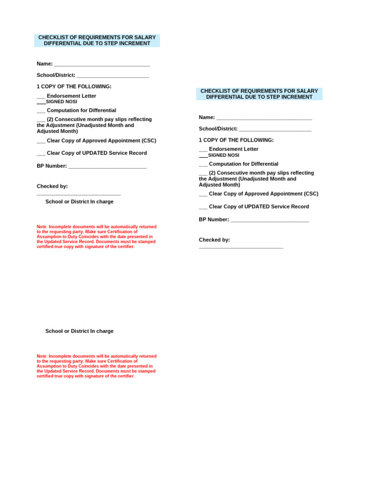 Checklist of Requirements For Salary Differential Due To STEP Increment ...
